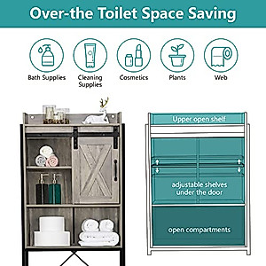 VINGLI Rustic Over-The-Toilet Storage Cabinet, Farmhouse Sliding Barn Door Bathroom Rack Space Saver Oragnizer w/Adjustable Shelves and Steel Frame (Wash Grey)