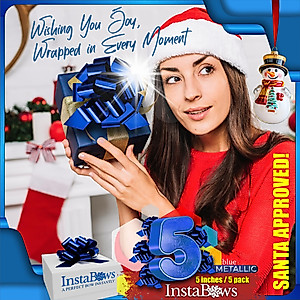 Insta Bows Pull String Large Gift Bows 5 Big Blue Gift Bows Perfect for Christmas and Birthday Presents Metallic Look and Shine 5 (Five) Pack of Big Bows That Measure 5 Inches Wide