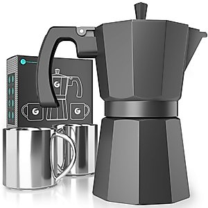 Coffee Gator Moka Pot - 6 Cup, Stovetop Espresso Maker - Classic Italian and Cuban Coffee Percolator w/ 2 Stainless-Steel Cups – Matte Grey Aluminum