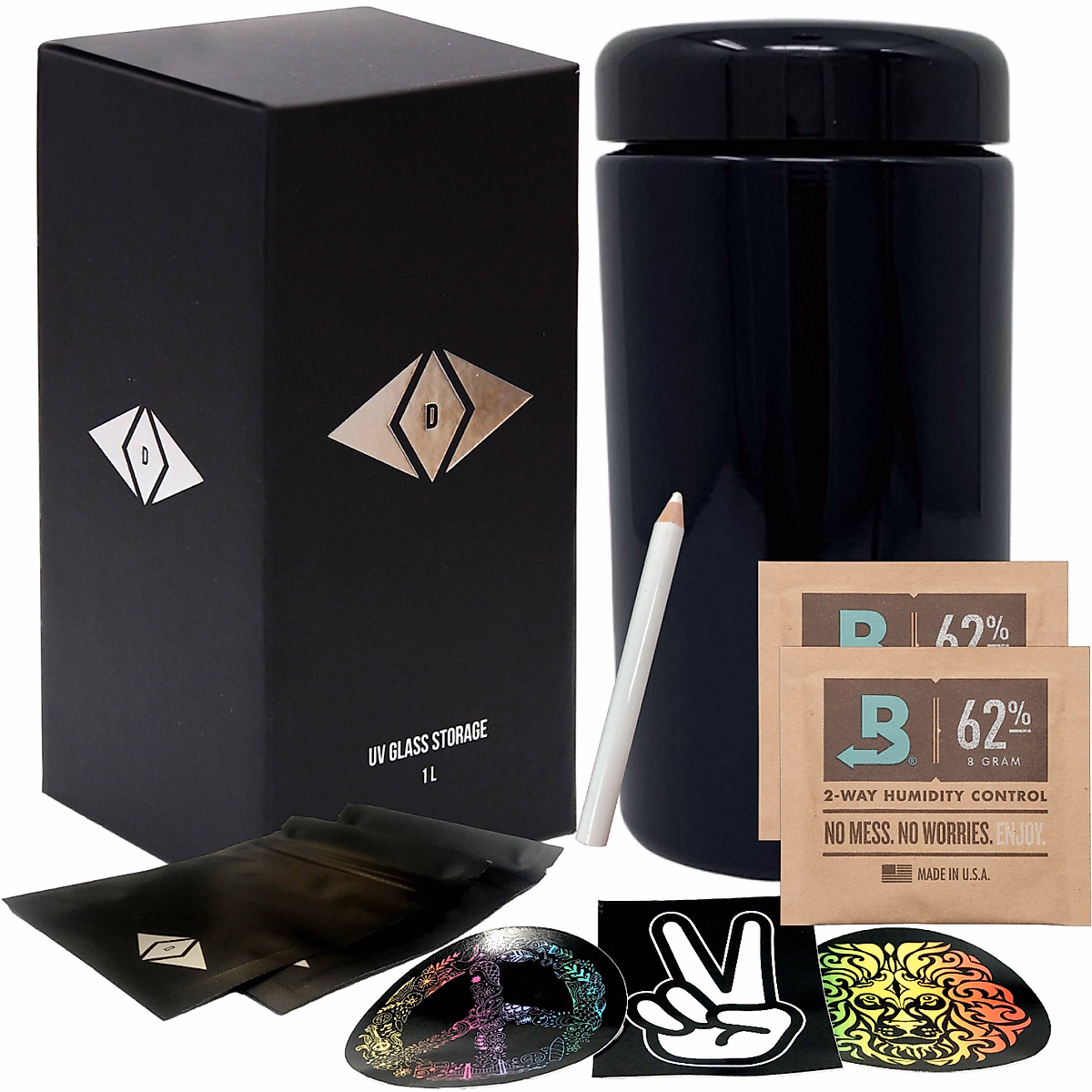 Stash Jar Smell Proof Container – (1000 ml, 2 Oz) Premium European UV Glass Jar Airtight Discreet with 2-8g Boveda Humidity Packs, 2 Smellproof Resealable Bags, Customizable Stickers & Labeling Pencil