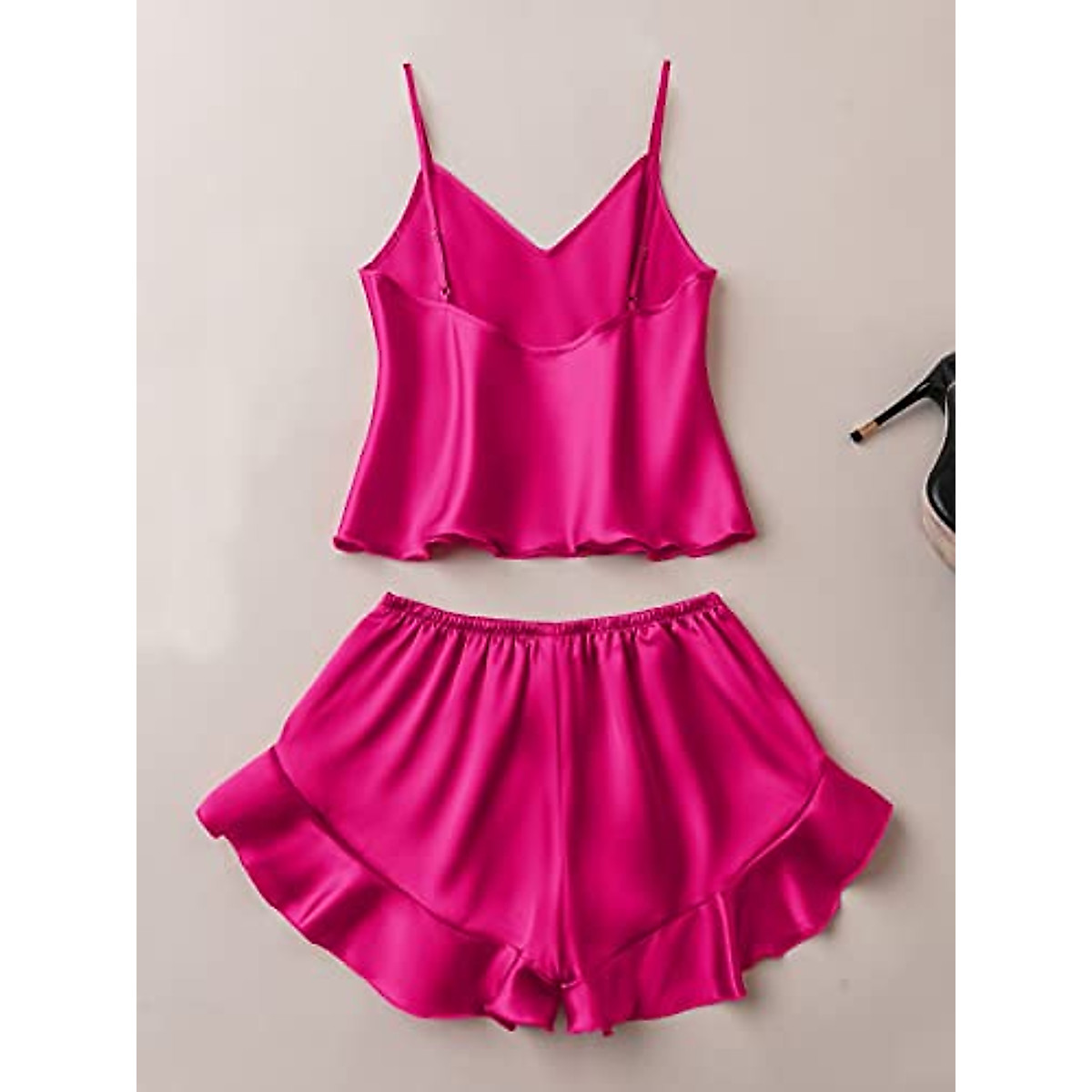 SOLY HUX Women's Sexy Silk Satin Ruffled Pajamas Sets Cami Shorts Sets Sleepwear HotPink S