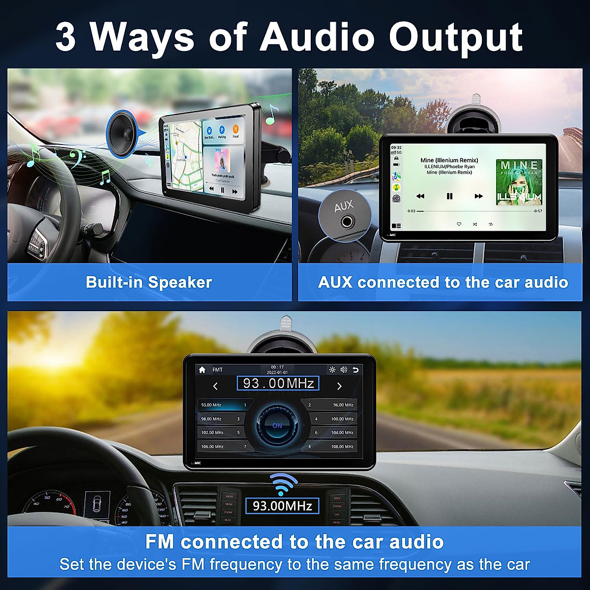 Portable Car Stereo for Apple Carplay, Android Auto, Air Play, Mirror Link, Wireless Car Play Screen with Bluetooth Handsfree, 7 Inch IPS Touchscreen, GPS Car Navigation, Siri/Google, FM/AUX/USB/TF