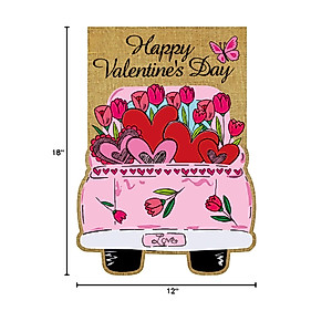 Texupday Happy Valentine's Day Double Sided Burlap Garden Flag Love Heart Floral Pink Truck Butterfly Decoration Outdoor Flag 12" x 18"