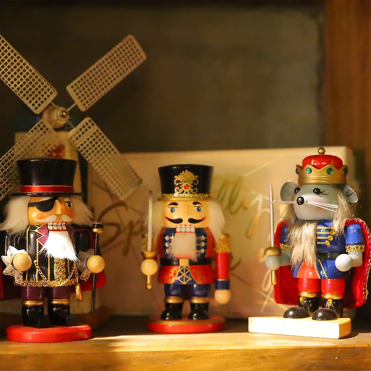 FUNPENY 3 Set Christmas Nutcrackers Figures, 7 Inch Handmade Wooden Mouse King Soldier and Pirate Traditional Nutcracker Decorations for Fall Festive Christmas Desktop Collectible Decor