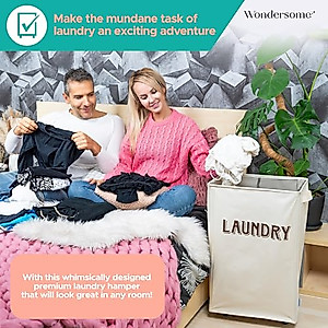 Wondersome Laundry Hamper with Wheels - Farmhouse Cream - 90-Liter Extra Large Collapsible Rolling Clothes Cart - Heavy Duty Locking Metal Wheel Tall Rectangular Canvas Storage Basket - US-Based Brand