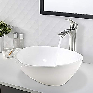 VOKIM Oval White Ceramic Vessel Sink and Faucet Combo -16" x 13" Modern Egg Shape Above Counter Bathroom Vanity Bowl,Brushed Nickel Faucet Matching Pop Up Drain Combo