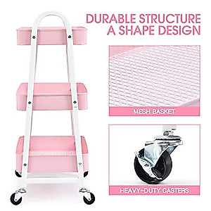 3-Tier Utility Rolling Cart with Large Storage and Metal Wheels for Office,Kitchen,Bedroom,Bathroom,Black,Pink,White