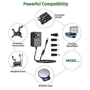 Gonine 9V DC Power Supply Cord, 9Volt 1.5A AC DC Adapter for 9Vdc Arduino UNO R3 Schwinn Bike A10 A20 Crosley Record Player CR8005A Center Positive DC Plug.