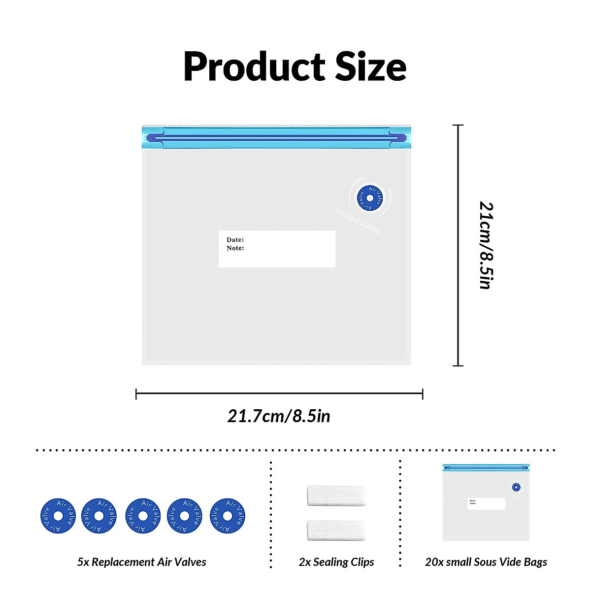 Sous Vide Bags 27Pcs, BPA Free Reusable, Double-Layered Food Storage (8.5 x 8.5 in) for Cooking, Food Storage, and Microwave Heating. Includes 20 Vacuum Zipper Bags, 2 Seal Clips, and 5 Air Valves.