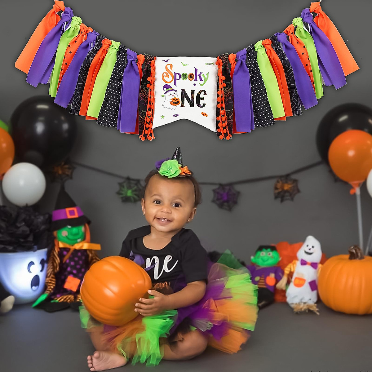 Halloween 1st Birthday High Chair Banner Girl Boy - Spooky One Banner Orange Purple Green Black Halloween Theme First Birthday Party Decorations, Pumpkin Spider Ghost Garland for Baby 1st Birthday