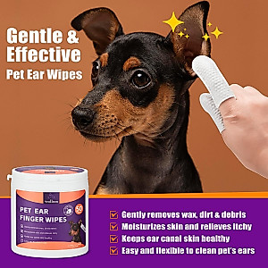 WALLZON Ear Cleanser Relief Finger Wipes | Ear Cleaning Finger Wipes for Dogs and Cats | Disposable Pet Ear Cleaner Wipes | Relieve Itching & Remove Odor | Ear Care Wipes for Pet (50 Counts)