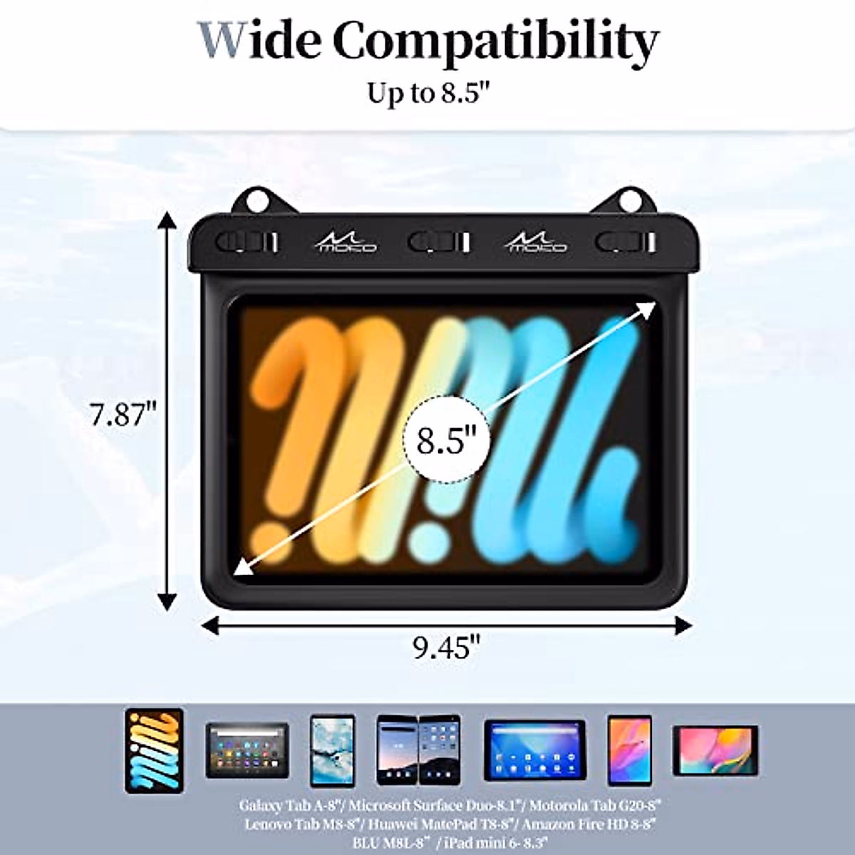 MoKo Waterproof Tablet Case Compatible with Fire HD 8/Fire 7, iPad Mini 6/5/4/3, Galaxy Tab Pro 8.4, Tab S2/Tab E/Tab A 8.0 8.4 Up to 8.5",Stand Holder Dry Bag for Bathroom Kitchen Stand Pouch, Black