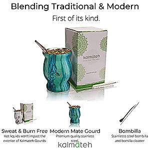 Kalmateh Yerba Mate Gourd Set - Traditional Modern Mate Cup Includes Bombilla Filter Straw and Cleaning Brush- Double Walled Stainless Steel (Turquoise, 8.6 oz)
