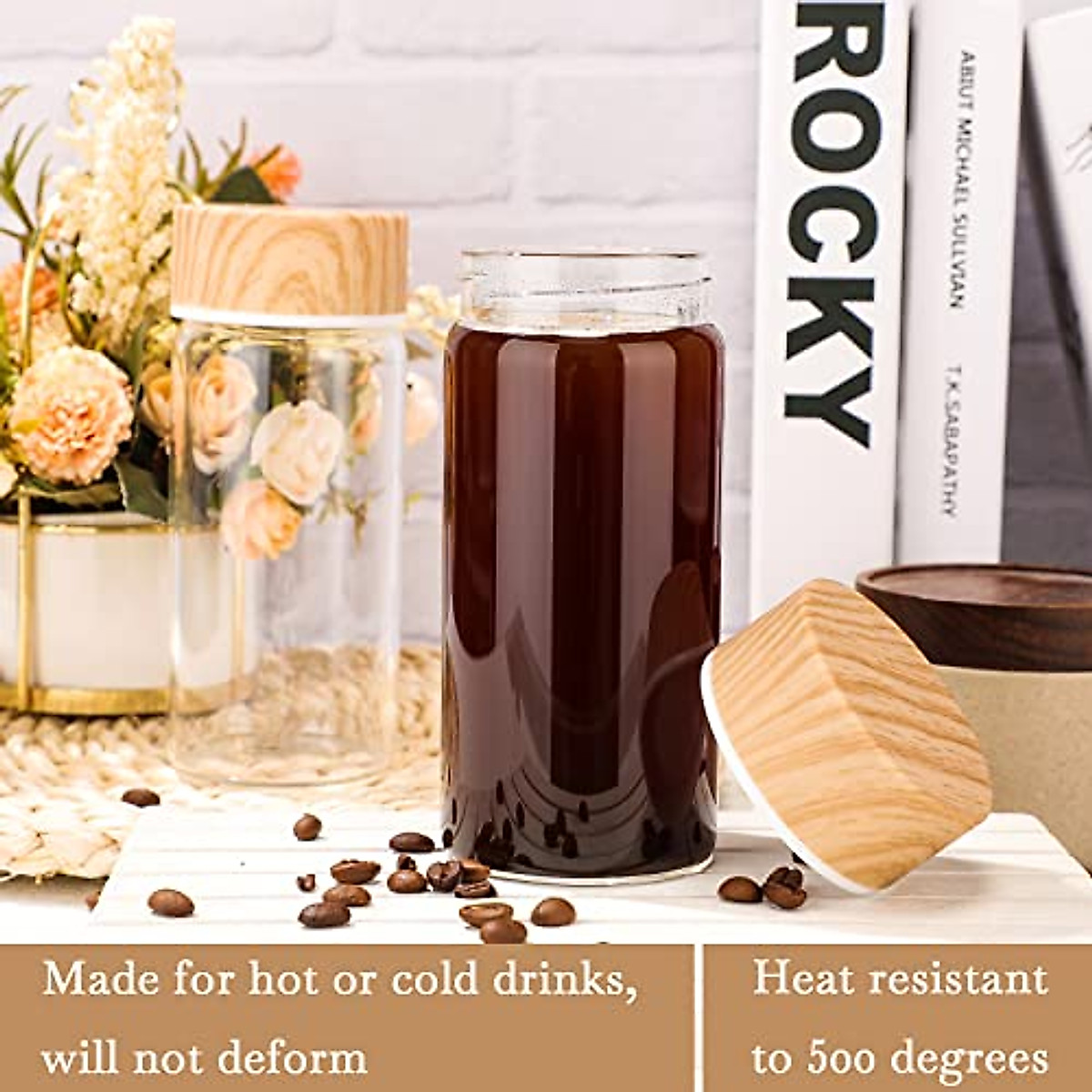 Nuogo 6 Pack Glass Drinking Bottles 10oz Wide Mouth Juice Bottle with Lids Leak Proof Water Jar for Travel, Reusable Airtight Juicing Cups for Homemade Juices, Smoothies, Tea, Milk