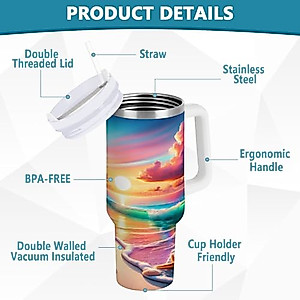 Jihqo Sandy Beach Colorful Sunset 40 oz Stainless Steel Vacuum Insulated Tumbler with Handle and Straw Lid, Leakproof Water Bottle Double Wall Travel Mug Coffee Cup, Cupholder Friendly