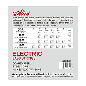 Alice Bass String 4 Strings Set, Nickel Alloy Winding Bass Guitar Strings with Nickel-Plated Ball-End, 045-105 Medium Gauge
