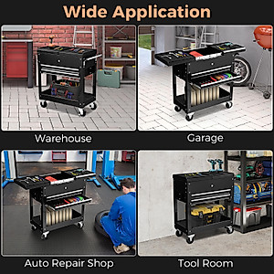ERGOMASTER Utility Service Cart Tool on Wheels Heavy Duty Metal 4 Tiers Shelves with Drawers Tool Storage Organizer for Warehouse,Garage and Workshop