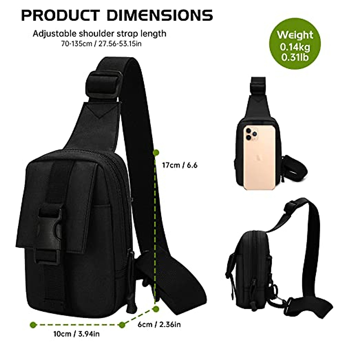 Long Keeper Small Sling Bag Crossbody Bag Men Lightweight Chest Backpack Shoulder Bags for Hiking Cycling Traveling Running (Black)