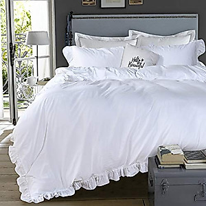 QSH White Ruffle Duvet Cover Queen 100% Washed Cotton Farmhouse Shabby Boho Chic Bedding Comforter Quilt Cover 3 Pieces Vintage Aesthetic French Country Queen Bed Set Extra Soft Breathable