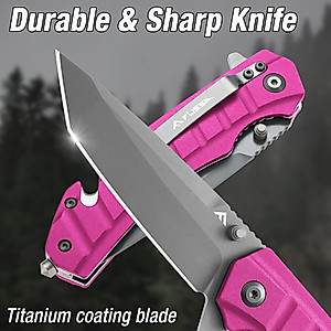 FLISSA Folding Pocket Knife, Tactical Knife with Liner Lock, Tanto Blade, Pocket Clip, Glass Breaker, Seatbelt Cutter, Perfect for Hunting, Camping, Survival (Pink)