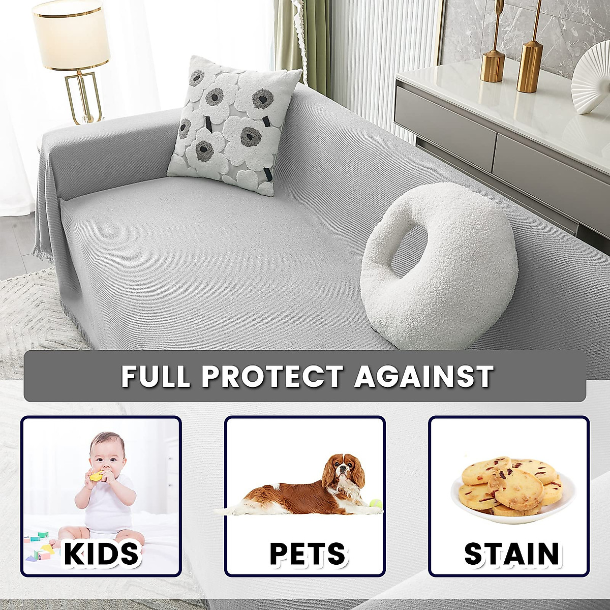 MYSKY HOME Couch Cover Sofa Covers Sectional Couch Covers for 3 Cushion Couch Sofa Cover for Living Room L Shaped Sofa Slipcovers for Dogs (X-Large, 71" x 118", Light Grey)