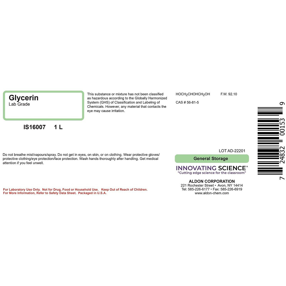 ALDON Innovating Science Pure Glycerin, 1L – Laboratory Grade – Excellent for Organic Chemistry & Biochemistry Experiments - The Curated Chemical Collection