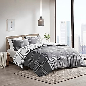Intelligent Design Pike Reversible Duvet Set, Cottage Plaid Print, Modern Cabin Lifestyle, All Season Bedding Cover for Comforter with Matching Sham, Full/Queen White/Grey 3 Piece