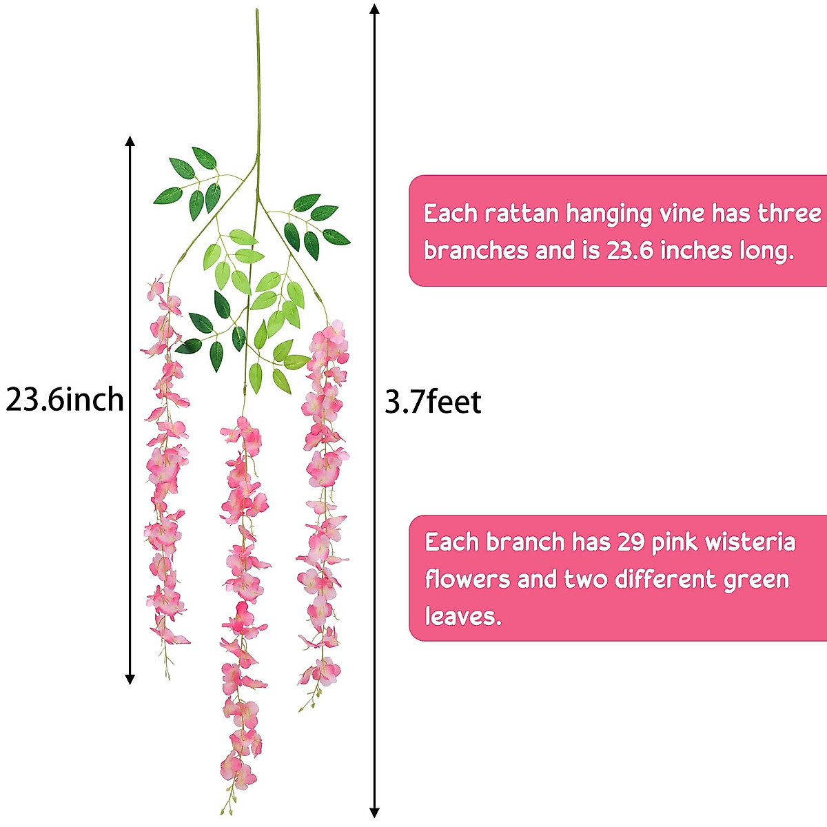 CEWOR 36 Pack Wisteria Hanging Flowers, 3.7 Feet Fake Wisteria Garland Artificial Flower Vines for Wedding Arch Party Home Greenery Wall Decor (Pink)