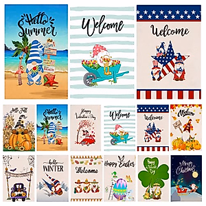 CDLong Gnome Seasonal Garden Flag Set of 12-Vertical Double Sided 12.5 x 18 Inch Yard Flag,Spring Welcome Easter Rustic Flag for Indoor Outdoor Holiday Decorations