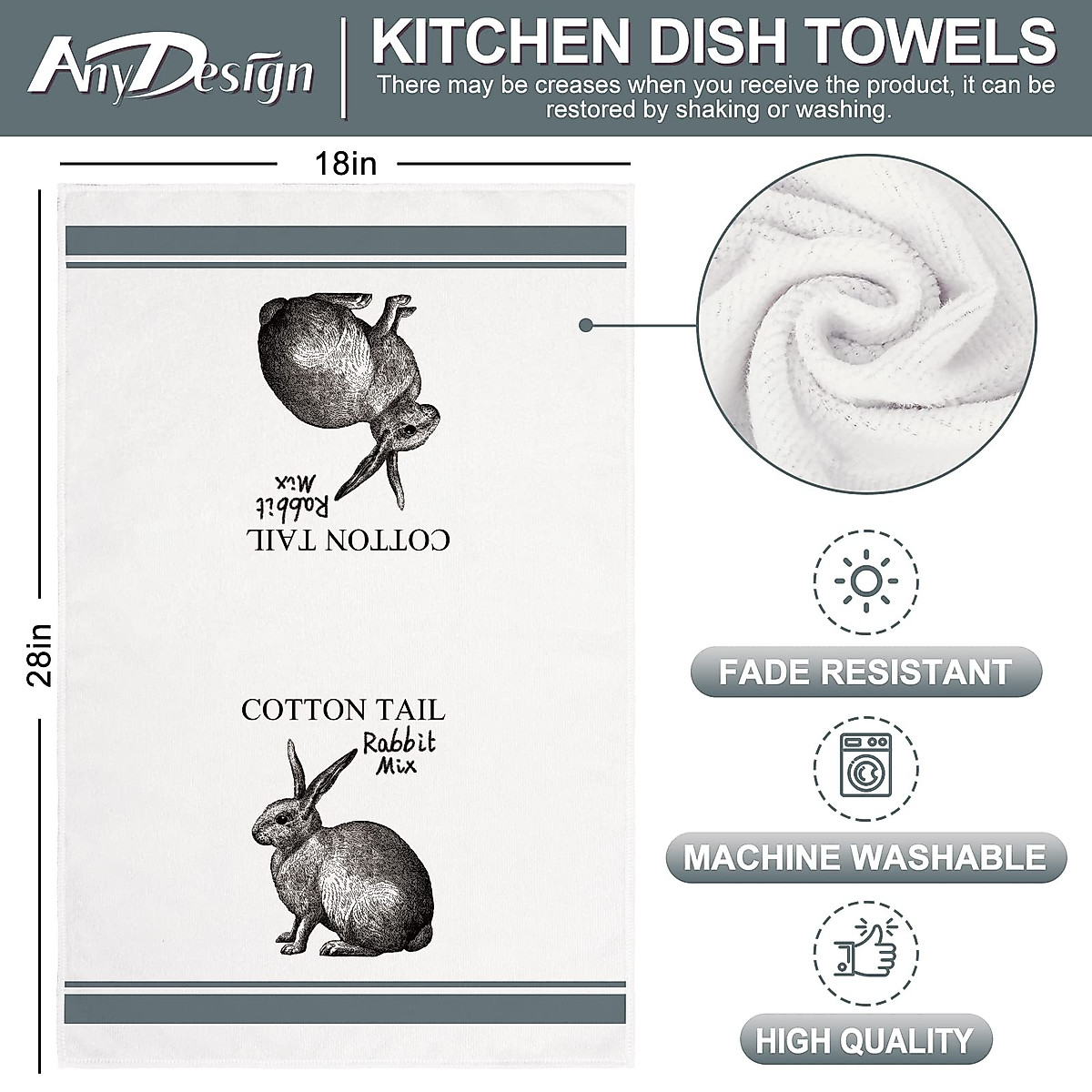 AnyDesign Easter Kitchen Towel Farmhouse Easter Rabbit Bunny Dish Towel Rustic Cotton Tail Rabbit Hand Drying Tea Towel for Spring Cooking Baking Cleaning Wipes, Set of 2, 18 x 28 Inch