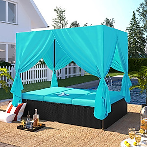 77.2" L Outdoor Patio Wicker Sunbed with Cushions and Curtains, Outdoor Double Padded Daybed with Adjustable Seats, Rattan Conversation Seating Group for Lawn, Poolside, Deck, Blue