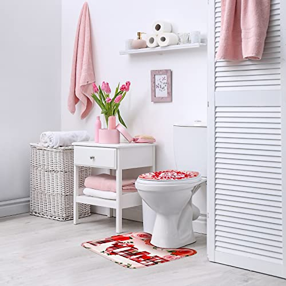 4 Pieces Happy Valentine's Day Shower Curtain Set with Non Slip Rugs Toilet Lid Cover Bath Mat U Shaped Mat Bathroom Gnomes Curtain with 12 Hooks Red Truck Waterproof Shower Curtain Valentines Decor