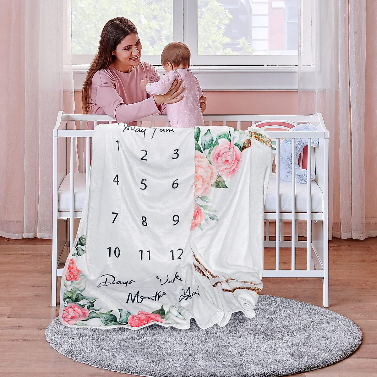 Monthly Baby Milestone Blanket for Baby Girl | Baby Monthly Milestone Blanket Large with Milestone Cards | Perfect Baby Age Blanket to Record Baby Milestones | Neutral Baby Blanket (60" x 40")