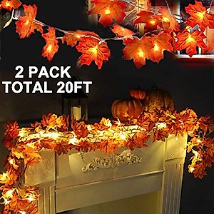 2 Pack Fall Decor Enlarged Maple Leaf Fall Lights Thick Leaf Garlands,Total 20Ft 40LED Lights Battery Operated Waterproof Fall Decorations Home Indoor Outdoor Autumn Thanksgiving Halloween Decor