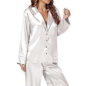 LYANER Women's Satin Silky Pajama Set Long Sleeeve Top With Long Pants Set PJ Loungewear White Small