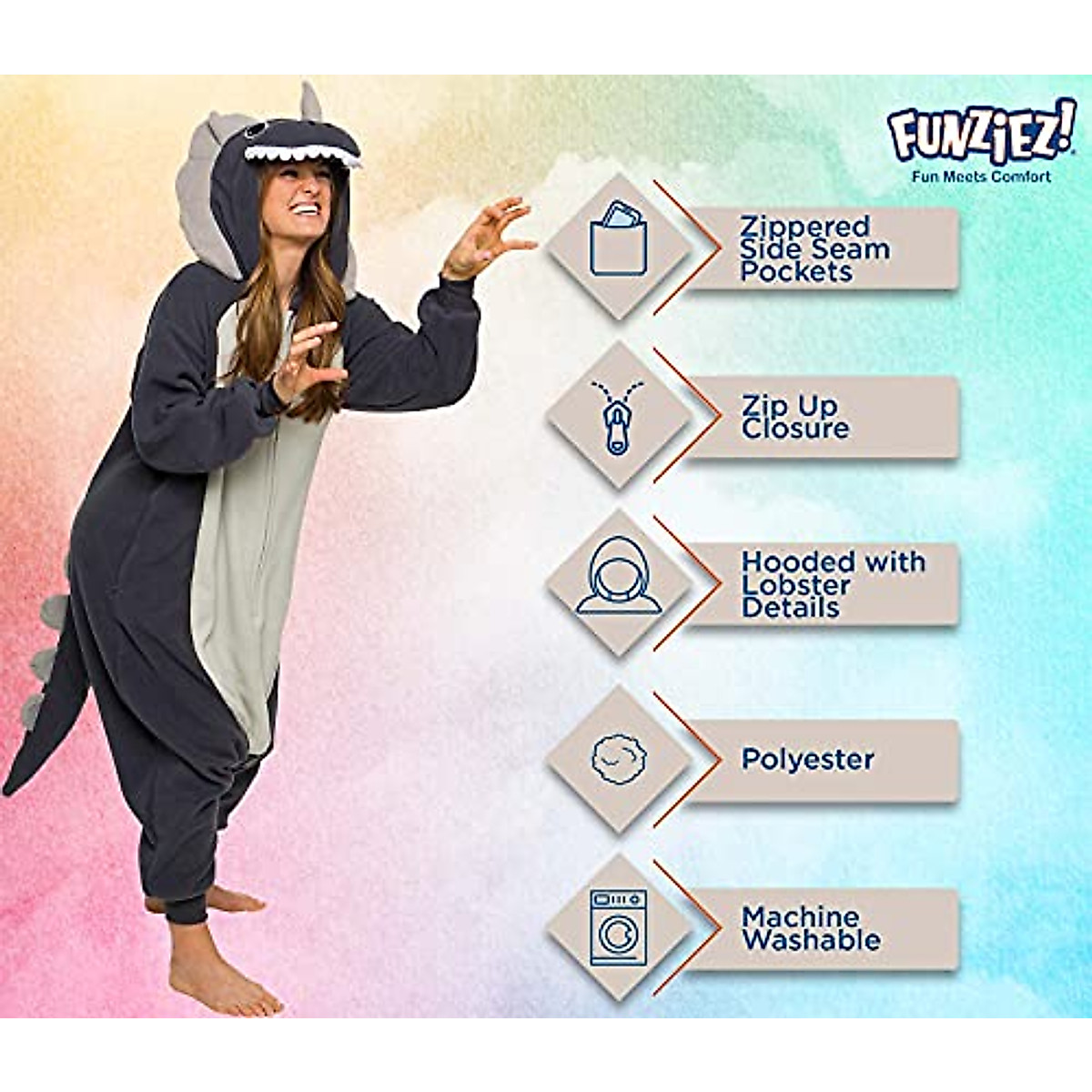 FUNZIEZ! Adult Triceratops Costume - Plush One Piece Dinosaur Costume - One Piece Pajamas(Grey, Large)