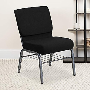 Flash Furniture HERCULES Series 21''W Church Chair in Black Fabric with Book Rack - Silver Vein Frame
