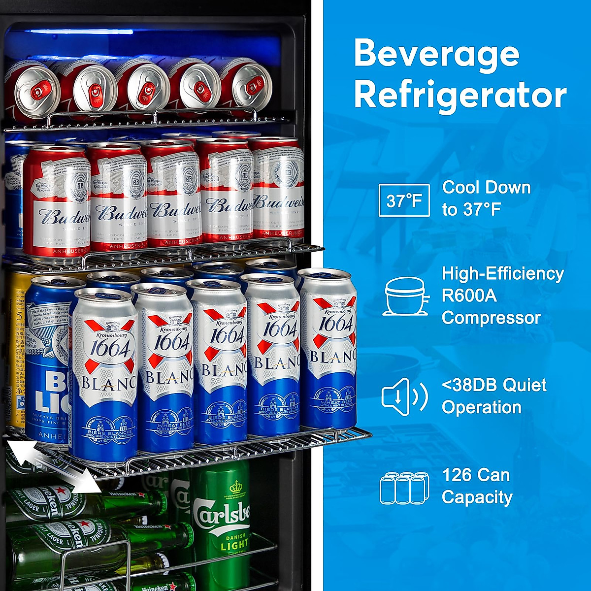 Beverage Refrigerator 17 inch Wide - 126 Can Beverage Cooler with Glass Door | Counter-Top/Freestanding Mini Beverage Beer Fridge | Temperature Memory | Invisible Door | Perfect for Soda,Beer