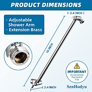 Adjustable Shower Head Extension Arm by SenHodyu - 16" Solid Brass Shower Arm Extension with Lock Joints, Universal Connection to Rain Shower Heads, Easy to Install (Luxury Polished Chrome)
