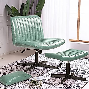 PUKAMI Armless Desk Chair No Wheels with Ottoman&Lumbar Support,PU Leather Padded Modern Swivel Home Office Chair,Height Adjustable Wide Seat Cross Legged Computer Task Chair for Living Room (Tiffany)