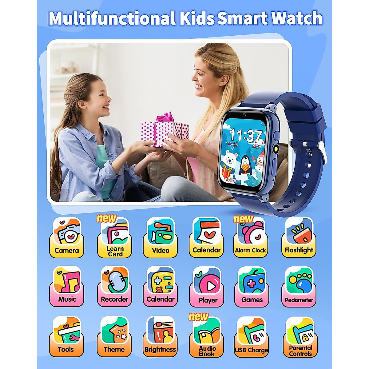 Kids Game Smart Watch Gift for Boys Age 6-12 with 26 Games Audio Stories Video Camera Music Player Pedometer Learning Card Flashlight 12/24hr, Kids Smart Watch Boys Toys for 7 8 9 10 Year Old Boys