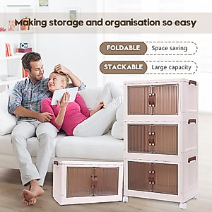 Storage Bins with Lids,21Gal Stackable folding storage boxes set 3 for Home,Collapsible Plastic Storage with Double Door,Foldable Cabinet Organizer with Caster Wheels