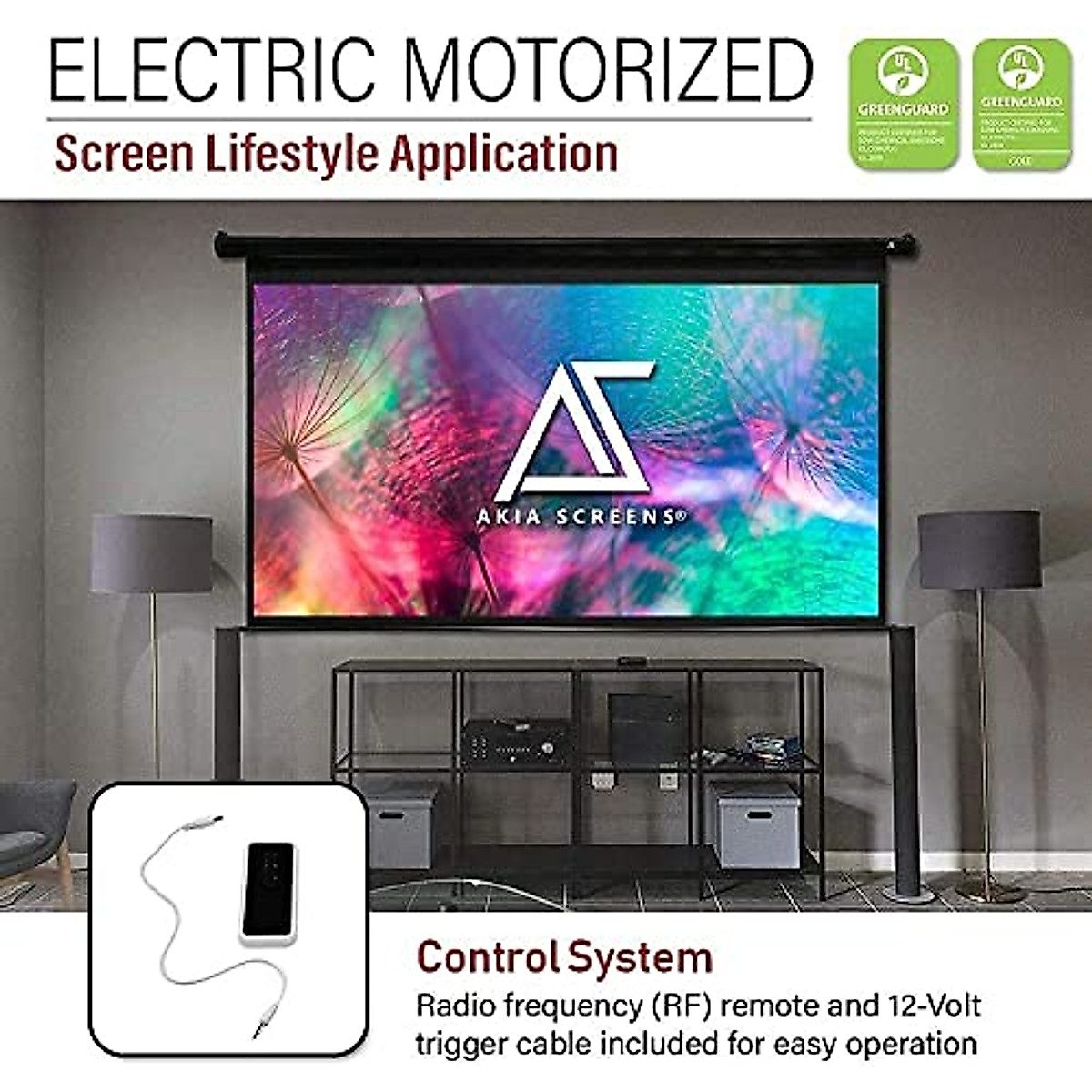 Akia Screens 110 inch Motorized Electric Remote Controlled Drop Down Projector Screen 16:9 8K 4K HD 3D Retractable Ceiling Wall Mount Black Projection Screen Office Home Theater Movie AK-MOTORIZE110H1