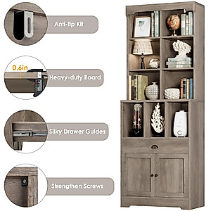 Keyluv 80” Tall Bookcase with Drawer and Doors, Grey Bookshelf with Adjustable Cabinet, Deep Book Shelf Case with Storage and 9 Open Cubes for Living Room/Home Office, Wood Gray Wash