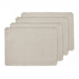 Solino Home Fringe Linen Placemats Natural – 100% Pure Linen Cloth Fabric Placemats Set of 4 – 14 x 19 Inch Washable Dining Place Mats for Spring, Summer, Indoor, Outdoor