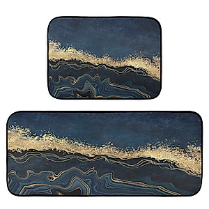 Kitchen Mats Rugs 2 Piece Set Bath Mat Antifatigue Cushioned Gold Black Marble for Floor Non Slip Washable (color6)