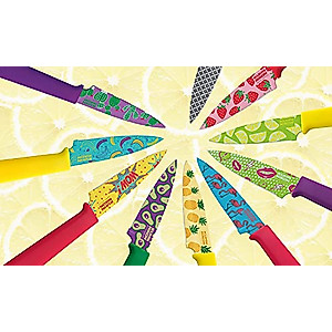 KUHN RIKON Colori+ Non-Stick Straight Paring Knife with Safety Sheath, 4 inch/10.16 cm Blade, Funky Fruit Strawberry