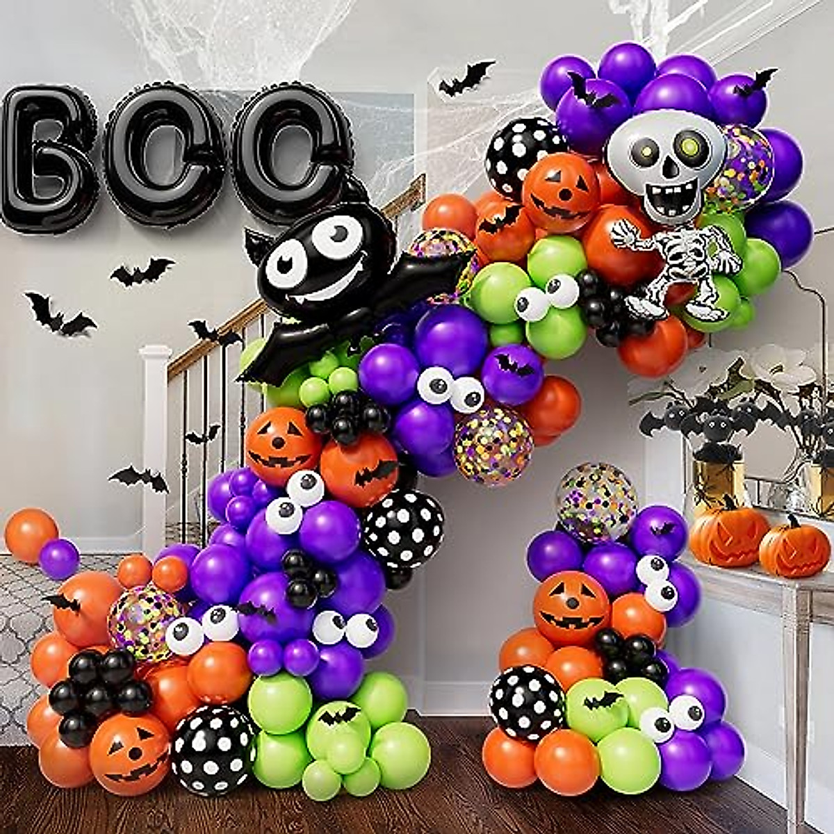 CboDeco 137pcs Halloween Balloon Garland Arch Kit with Black Orange Purple Green Pumpkin Confetti Balloons Skull Bat Foil Balloons for Halloween Theme Party Background Classroom Decorations