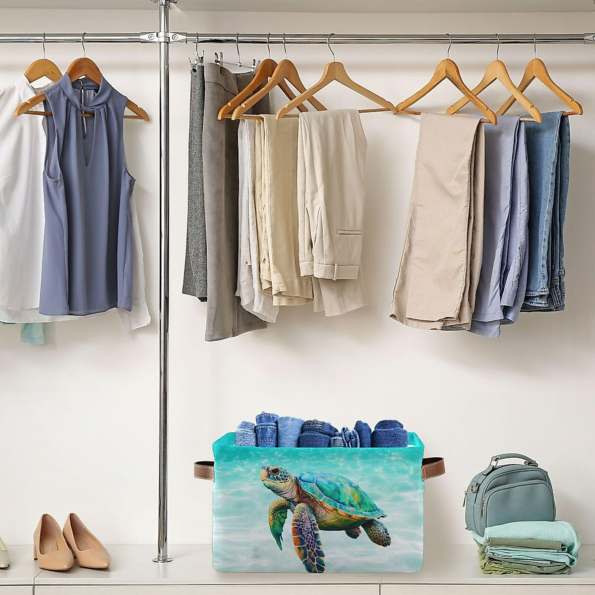 Sea Turtle Teal Large Storage Basket Cube Storage Bin Canvas Fabric Organizer Handles Collapsible Decorative for Clothes Toys Bedroom