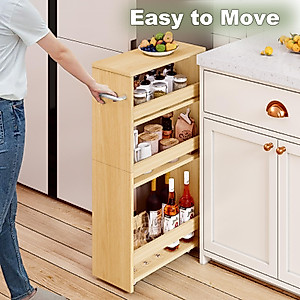 MARTY Rolling Storage Cart 7.9" W, 4-Tier Kitchen Cart with Wheels Handle, Slim Storage Cart Mobile Shelving Utility Carts for Bathroom Laundry Room Organization Narrow Places (Maple)